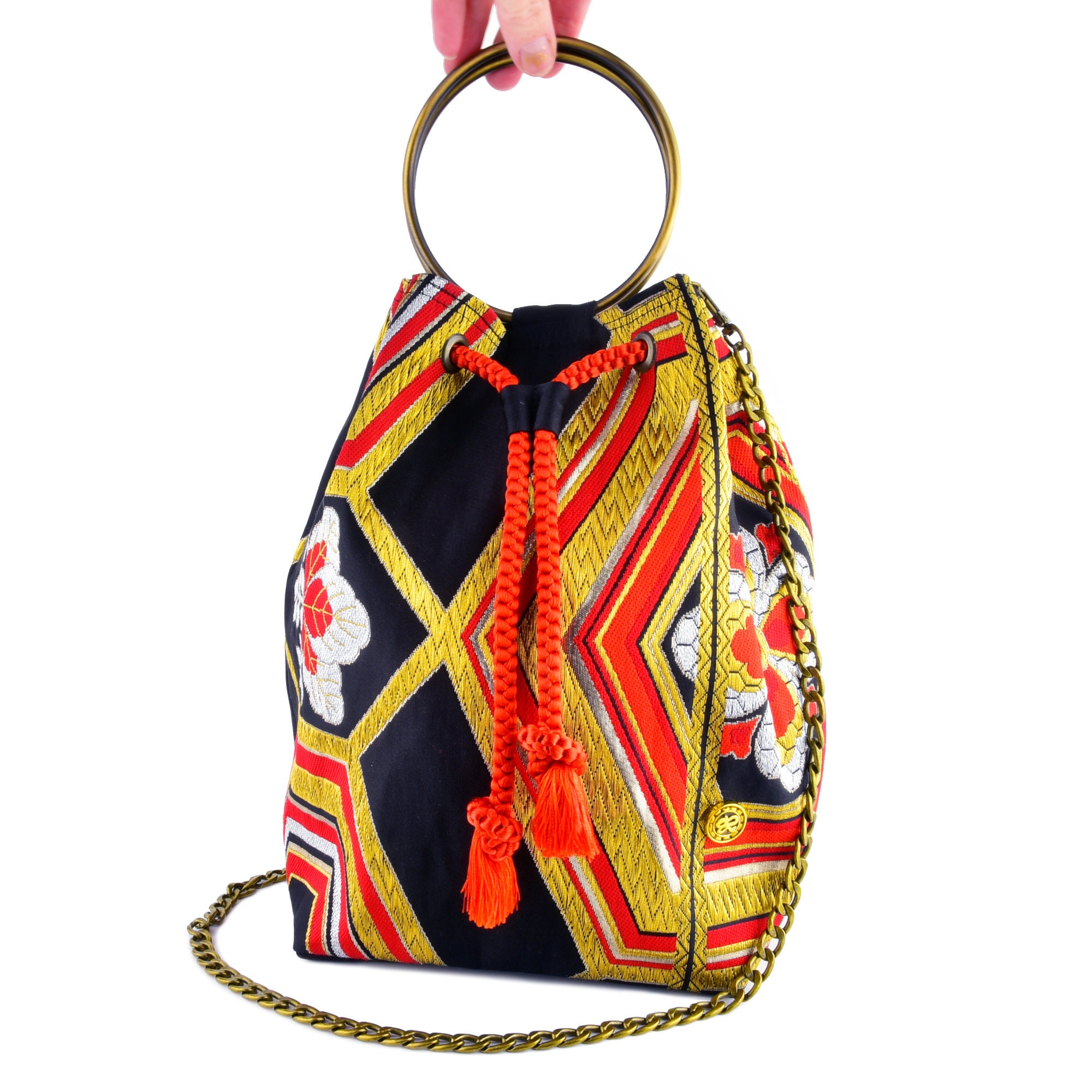 Japanese Vintage Obi Silk Embroidery Bag,red Handbag,kimono Bag,bucket ...