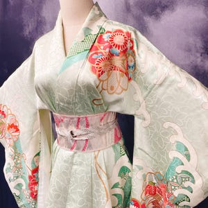 A Beautiful Japanese Blue Furisode Kimono, Blue Flower Kimo No,vintage ...