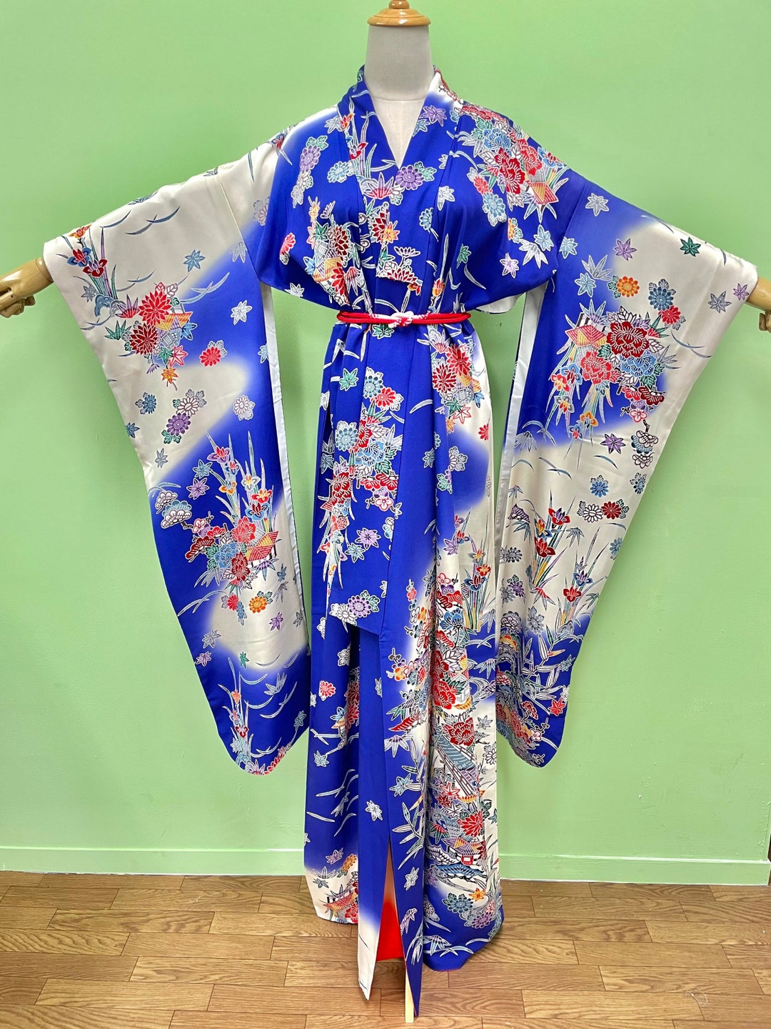 Blue Kimono, Japanese Vintage Blue Silk Flower Furisode Kimono,handmade ...