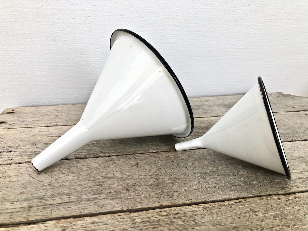 Vintage White Enamel Funnel Set / Black Trim / Finger Loop Handles ...