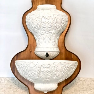 Vintage White Embossed Ceramic Lavabo & Wooden Wall Plaque / Made in ...