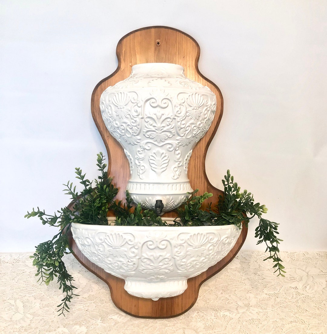 Vintage White Embossed Ceramic Lavabo & Wooden Wall Plaque / Made in ...
