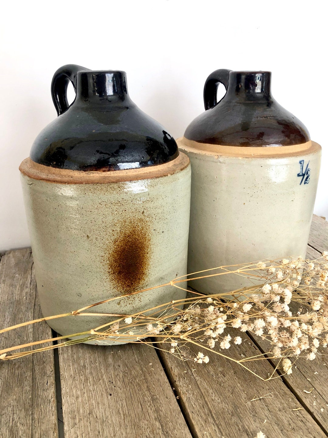 Two (2) Two Tone Finger Crock Jugs / Glazed Stoneware Jugs / 1/2 Gallon ...