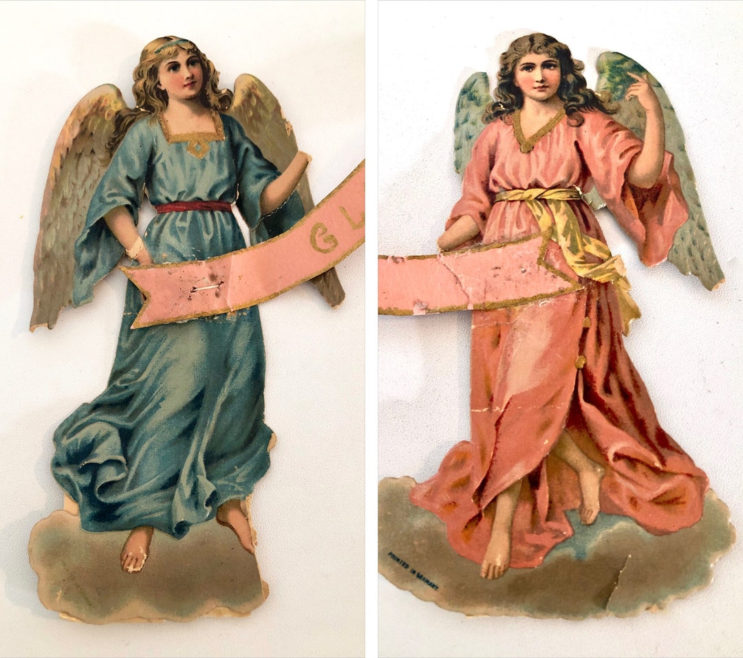 Two Antique German Victorian Die Cut Embossed Angels & Eight Paper ...