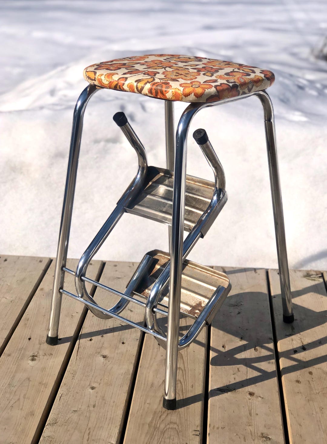 Vintage Chrome Step Stool / Floral Vinyl Seat / Brown, Gold & Orange ...