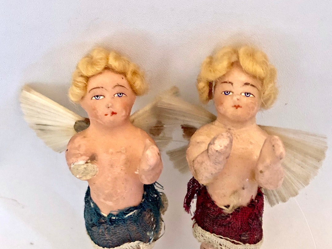 One Pair of Antique German Wax Over Composition Angels / 1800 Imperfect ...