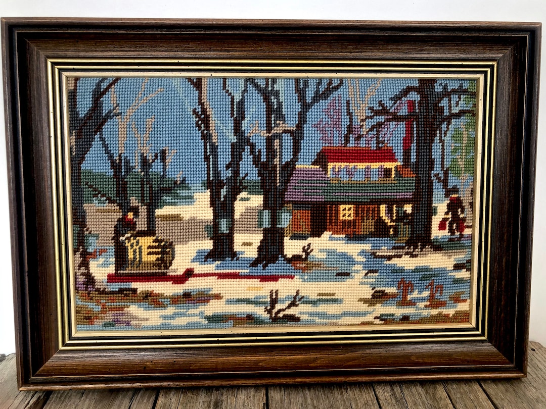 Vintage Framed Needlepoint Landscape / Sugar Shack Cabane à Sucre ...