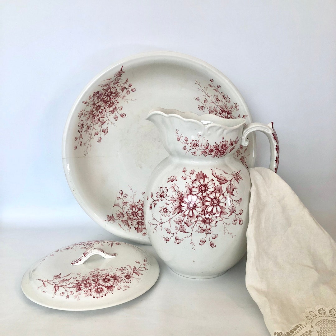 J.H.W. & Sons Daisy Bowl and Pitcher Set / Pink Transferware Pitcher ...