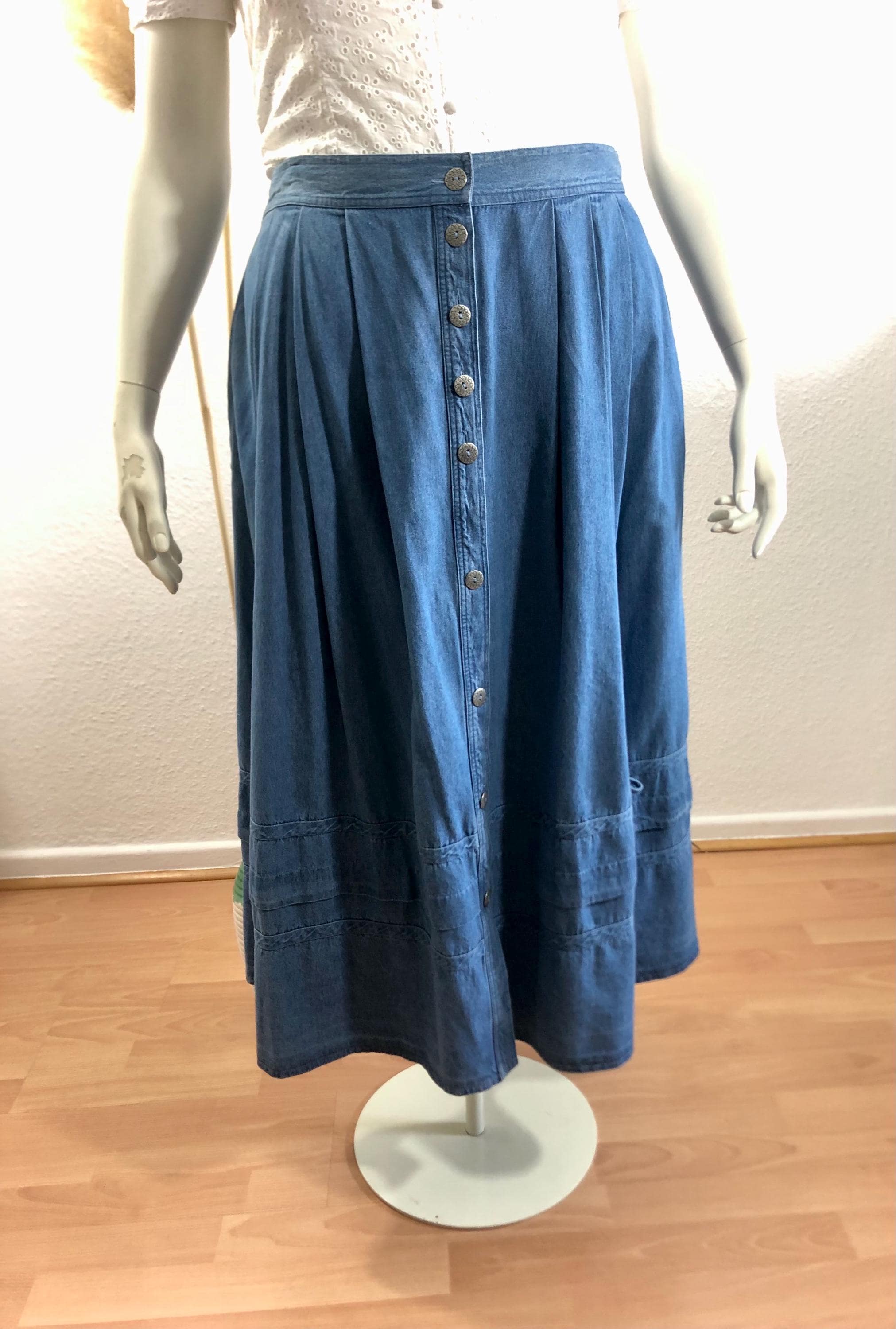 Vintage Skirt, Pleated Skirt, Denim Skirt, Midi Length, Summer Skirt ...