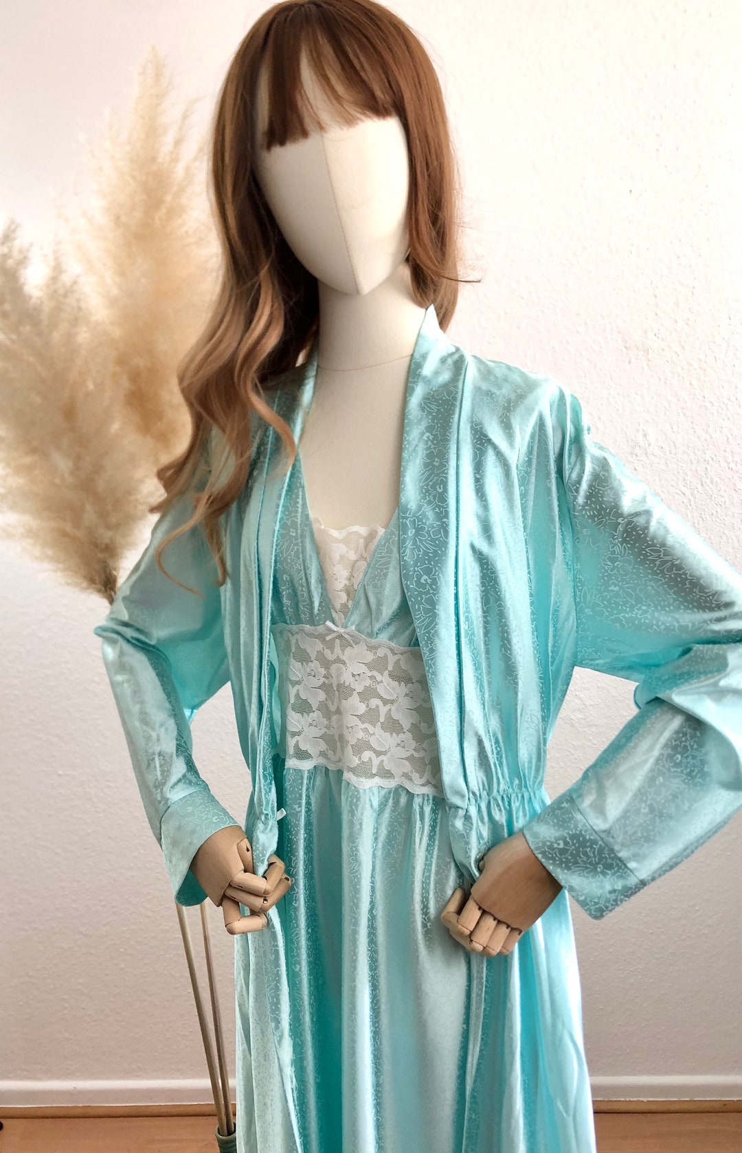 Vintage Negligee Nightgown Dressing Gown Set Women's Turquoise/white ...