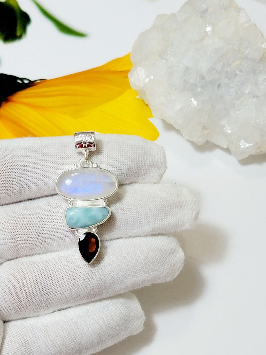 Big Moonstone Pendant, Pure Silver Pendant, Moonstone Jewelry, Larimar ...