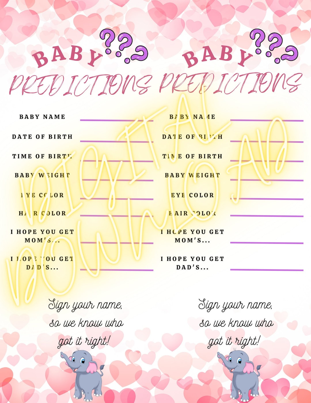 Baby Shower Predictions Game Printable Digital Download Baby GIRL ...