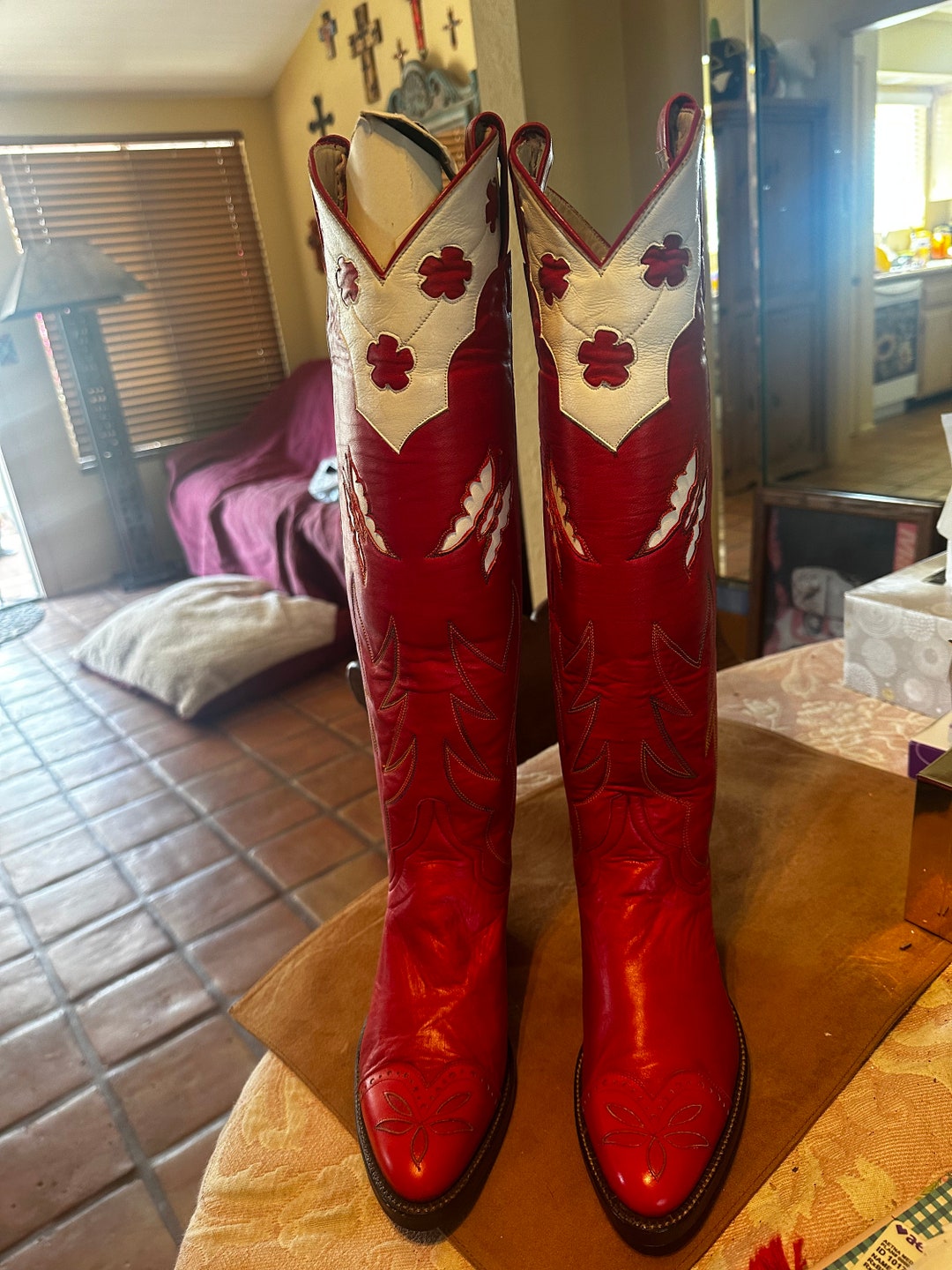 Red Leather Cowgirl Boots Vintage - Etsy
