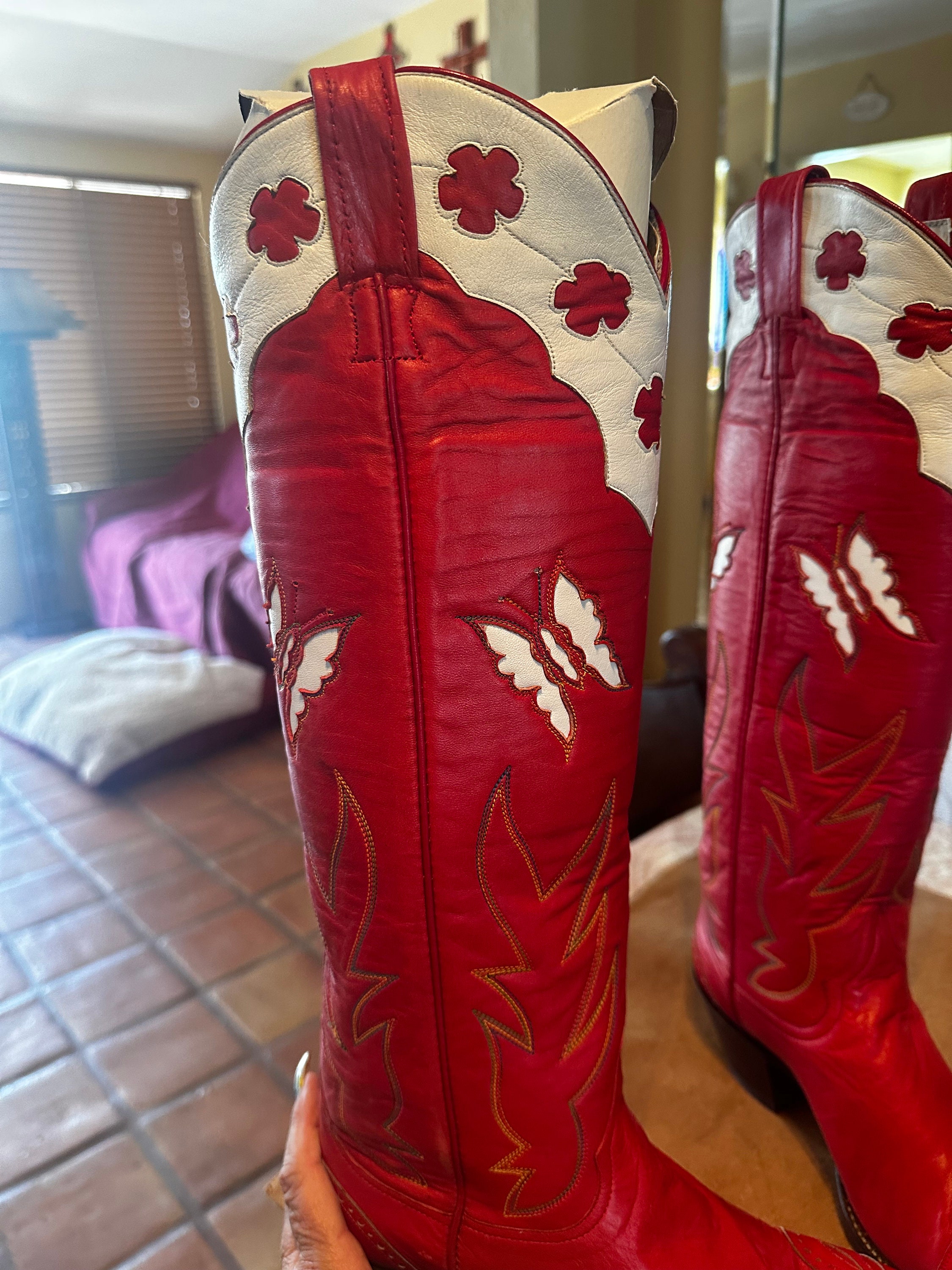Red Leather Cowgirl Boots Vintage - Etsy