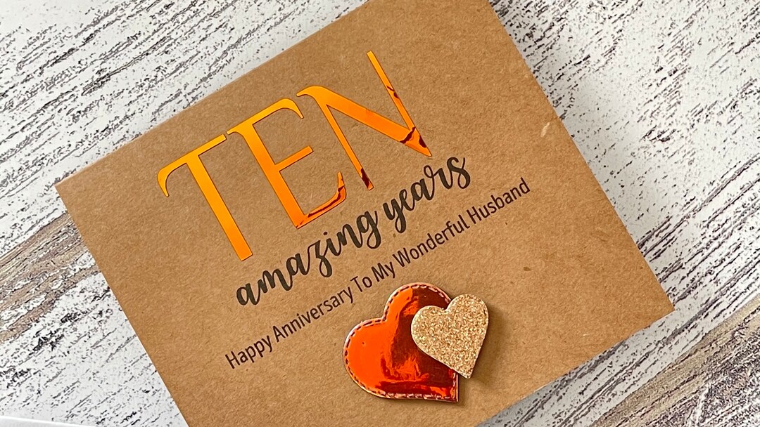 10 Ten Tin Year Anniversary Card, 10 Years Anniversary Card ...