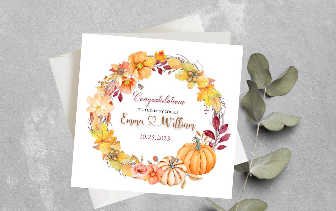 Autumn Wedding Card, Personalised Fall Wedding Day Cards, Pumpkin Cards ...