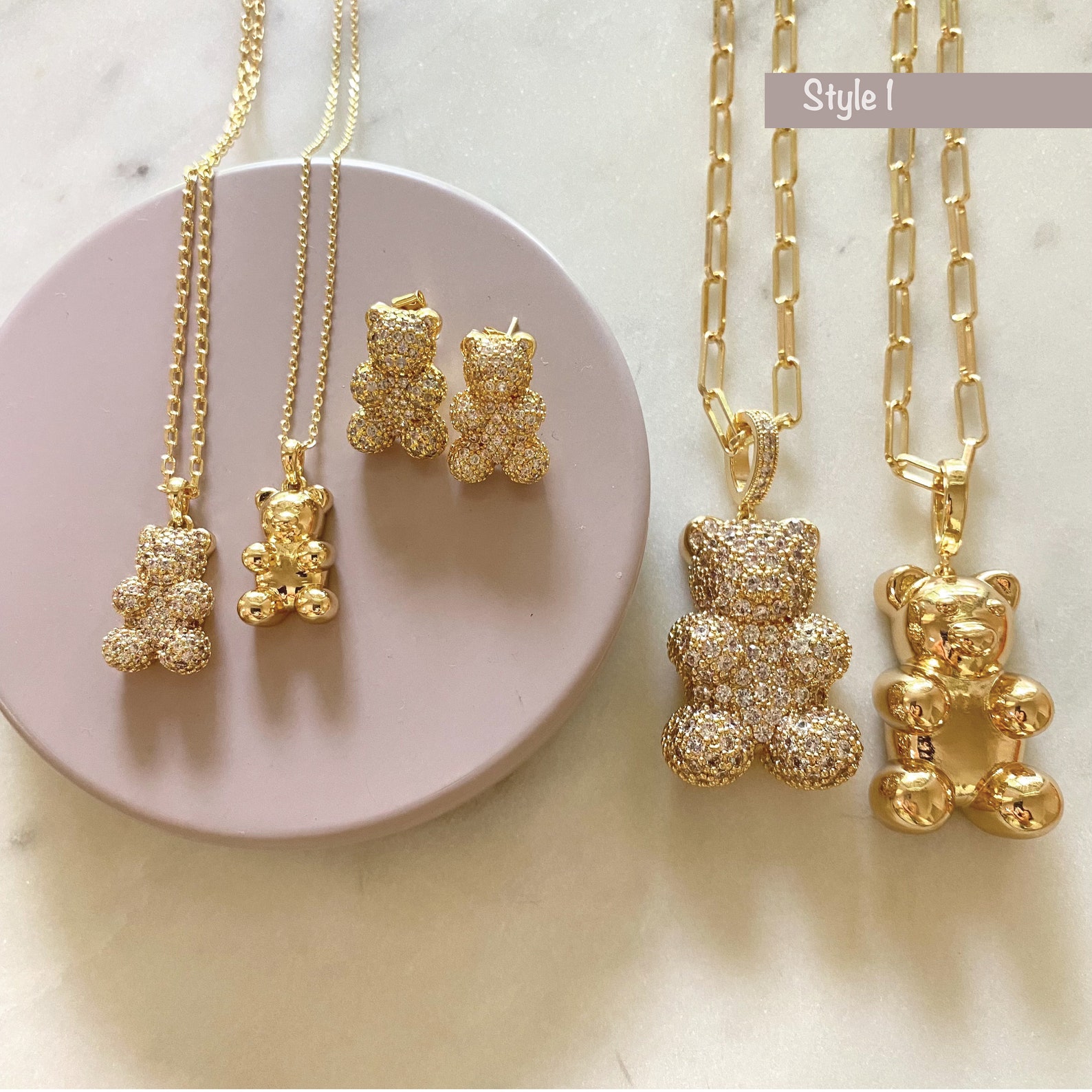 Teddy Bear Necklace Bear Earrings 18K Gold Plated Necklace - Etsy
