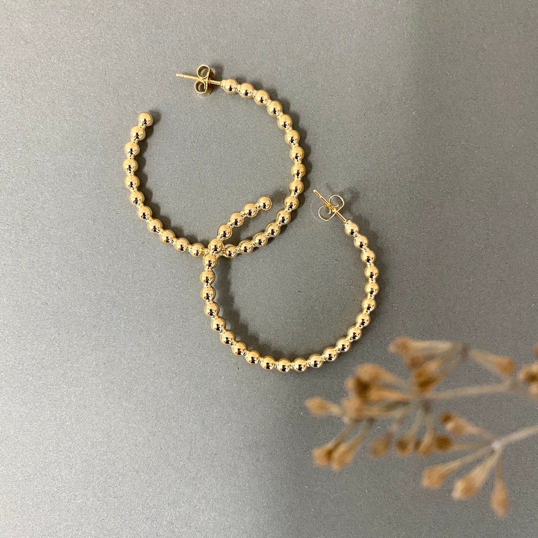 35mm Gold Hoop Earrings, Ball Hoop Earrings, Beaded Hoop Earrings, Boho ...