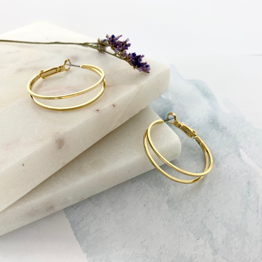Double Hoop Earrings, Geometric Double Hoops Earrings, Thin Minimalist ...