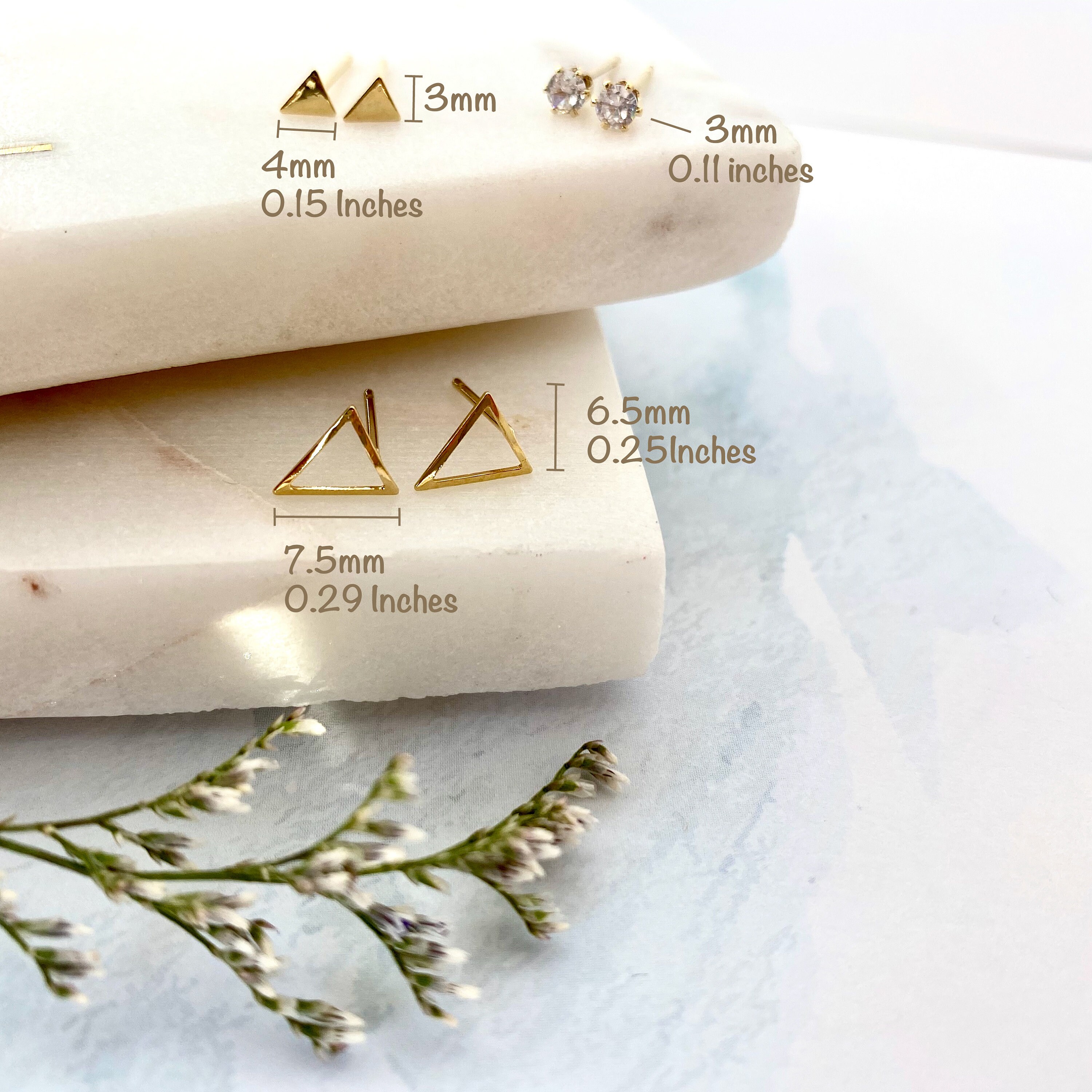 Tiny Triangle Earrings, 3pair Gold Earrings, 3mm Triangle Studs, Tiny ...