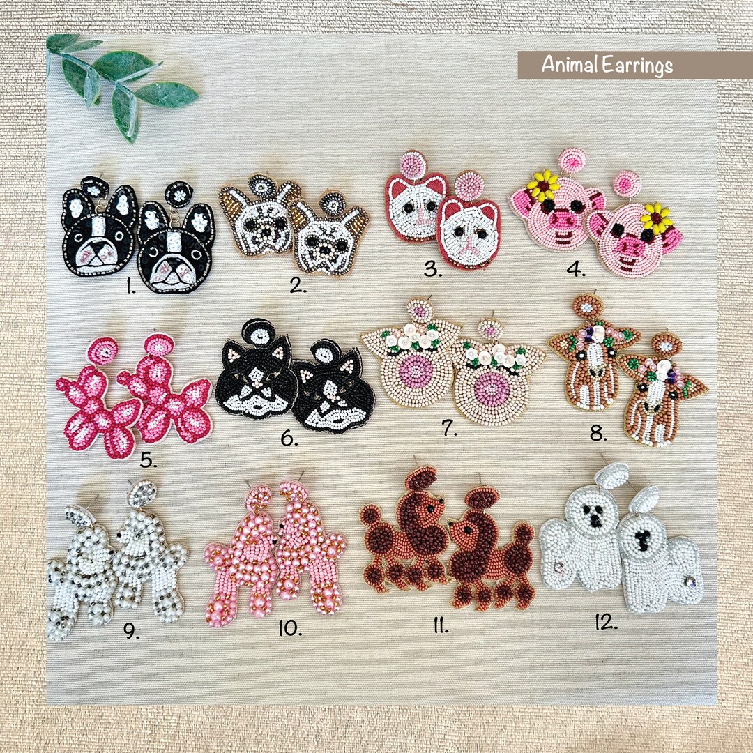 Animal Theme Beaded Earrings, Farm Animal Earrings, Bulldog, Poodle ...