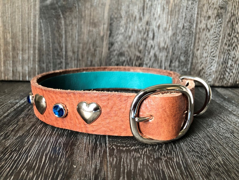 Leather Collar - Hearts and Blue Gems - Nickel With Tan Leather - Etsy