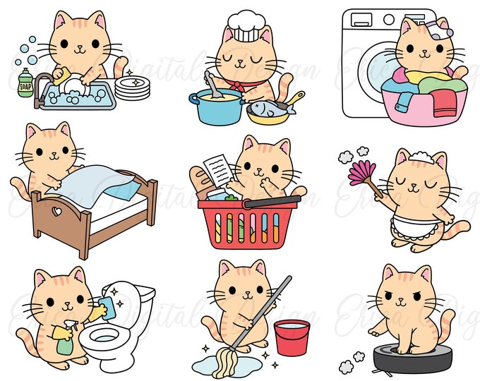Household Chores Clipart Funny Cats Clipart Kawaii Cute Kitty - Etsy Canada