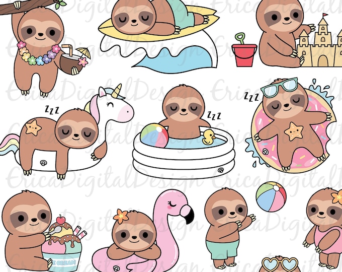 Cute Sloths Clipart Kawaii Summer Sloth Beach Pool Party - Etsy