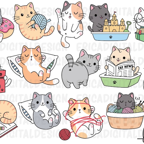 Funny Cats Clipart Cute Cat Clip Art Kawaii Kitten Kitty Icons | Etsy