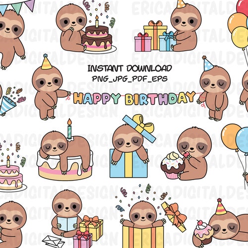 Birthday Sloths Clipart Funny Birthday Party Sloth Images - Etsy