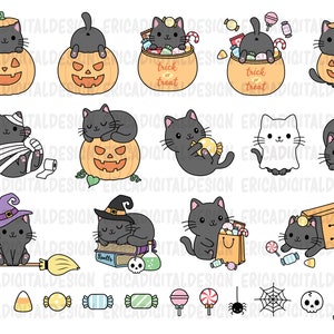 Halloween Cat Clipart Set Cute Halloween Black Cats Clip Art Kawaii ...