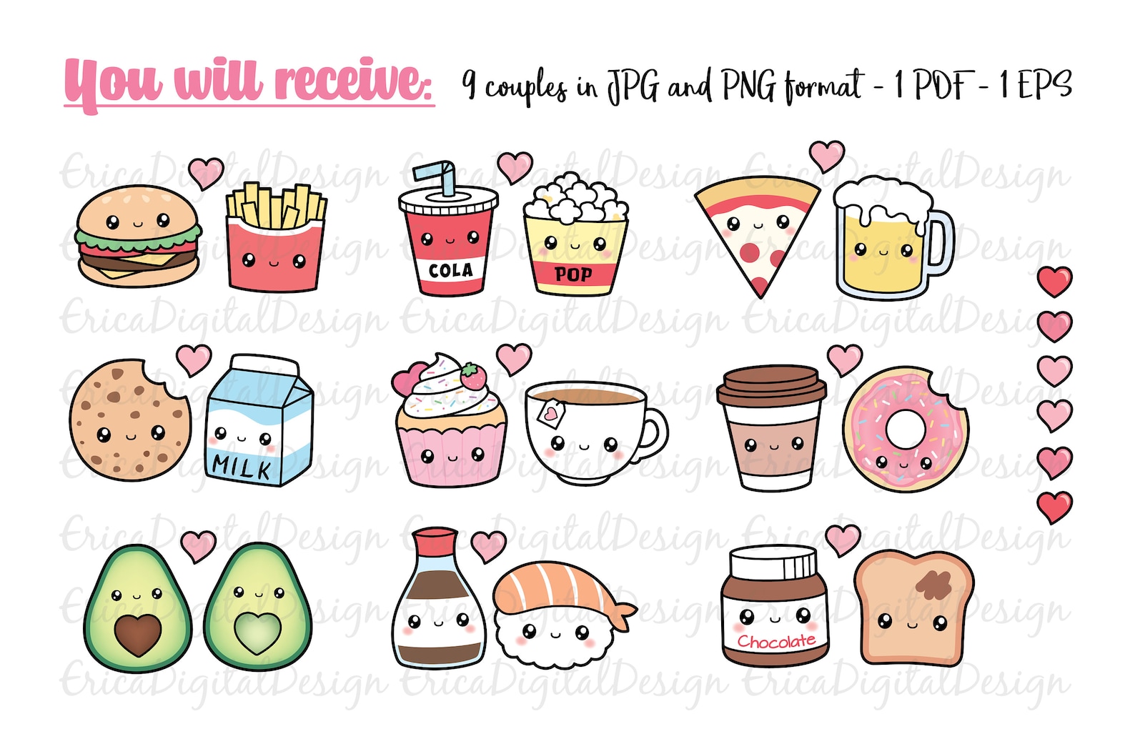 Perfect Match Kawaii Clipart Set Cute Food Clip Art Friendship Best ...