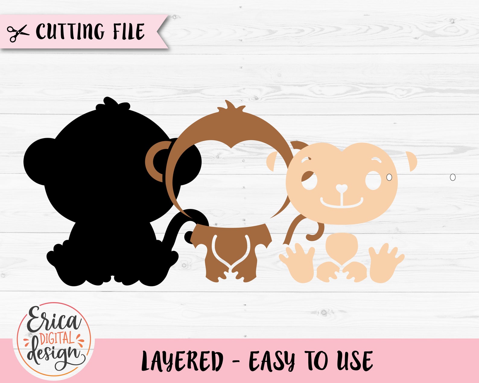 Monkey SVG Cute Sitting Monkey Layered Cut File Cricut Silhouette ...