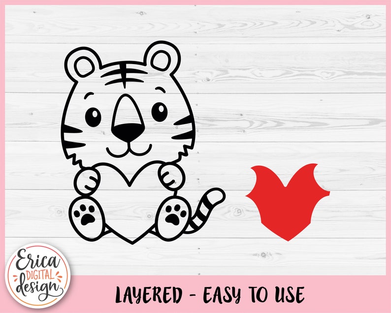 Tiger With Heart SVG Cute Baby Tiger Outline Cut File for - Etsy