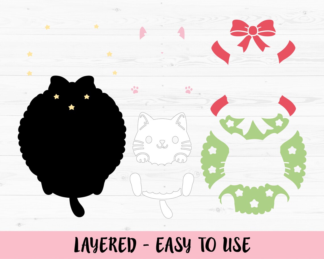 Christmas cat SVG Christmas wreath layered cut file Cute Funny | Etsy