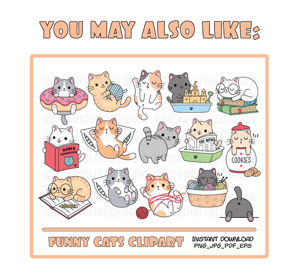 Cats Clipart Cute Cat Clip Art Kawaii Kittens Kitty Icons Pet - Etsy