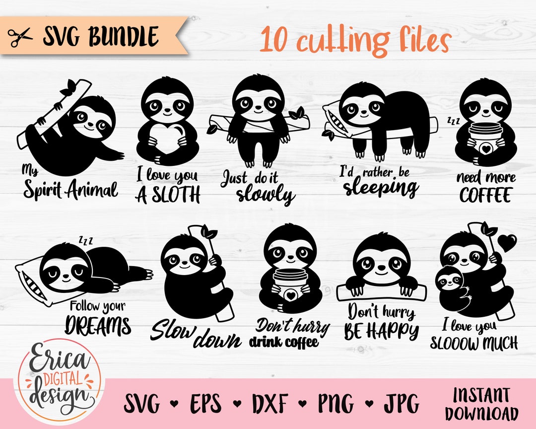 Sloth SVG Bundle Cute Baby Sloth Cutting File Funny Lazy Sloths Black ...