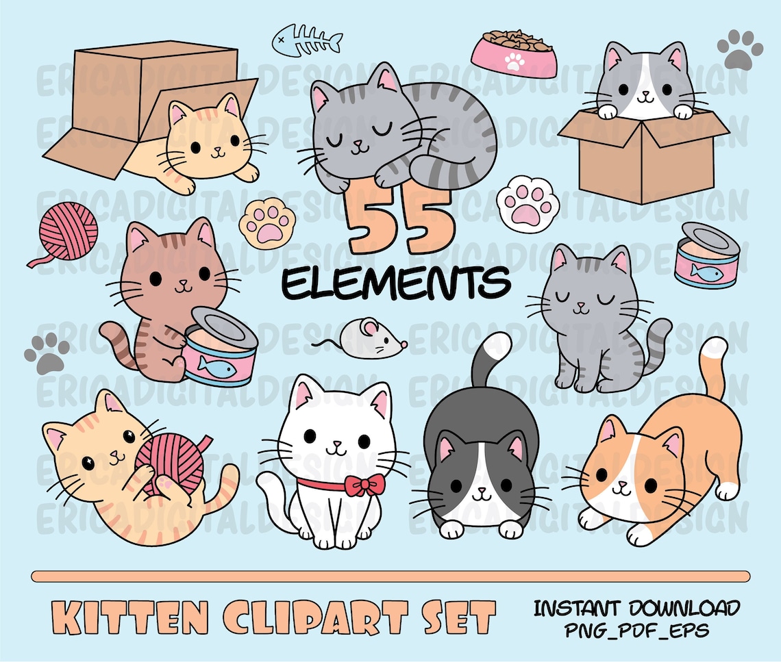 Cats Clipart Cute Cat Clip Art Kawaii Kittens Kitty Icons Pet - Etsy