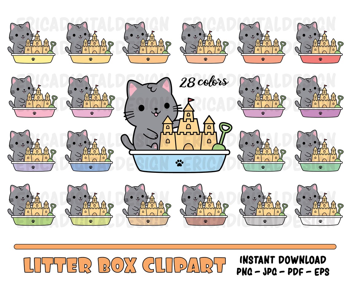 Cat Litter Box Clipart Cute Cat Sand Box Digital Clip Art Funny Cat ...