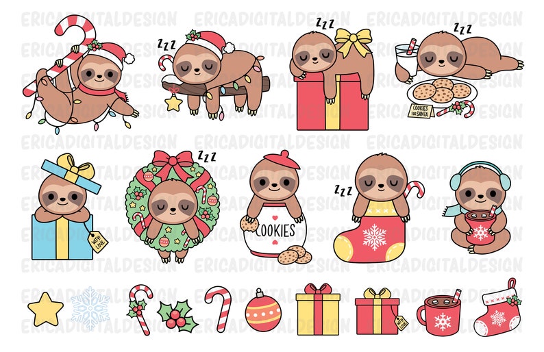 Christmas Kawaii Clipart Cute Sloths Digital Clipart Funny Sloth ...