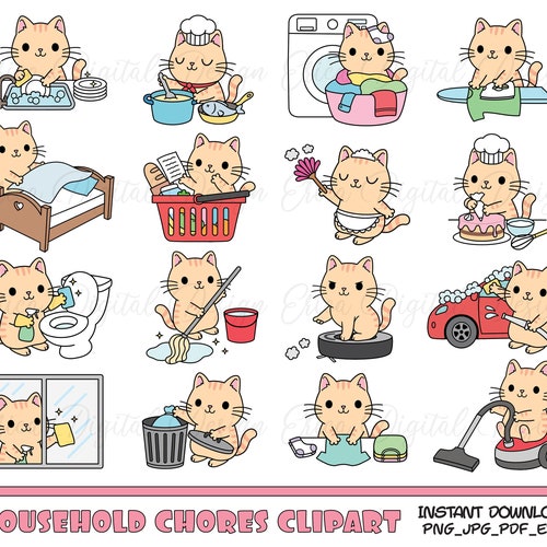 Household Chores Clipart Funny Cats Clipart Kawaii Cute Kitty - Etsy