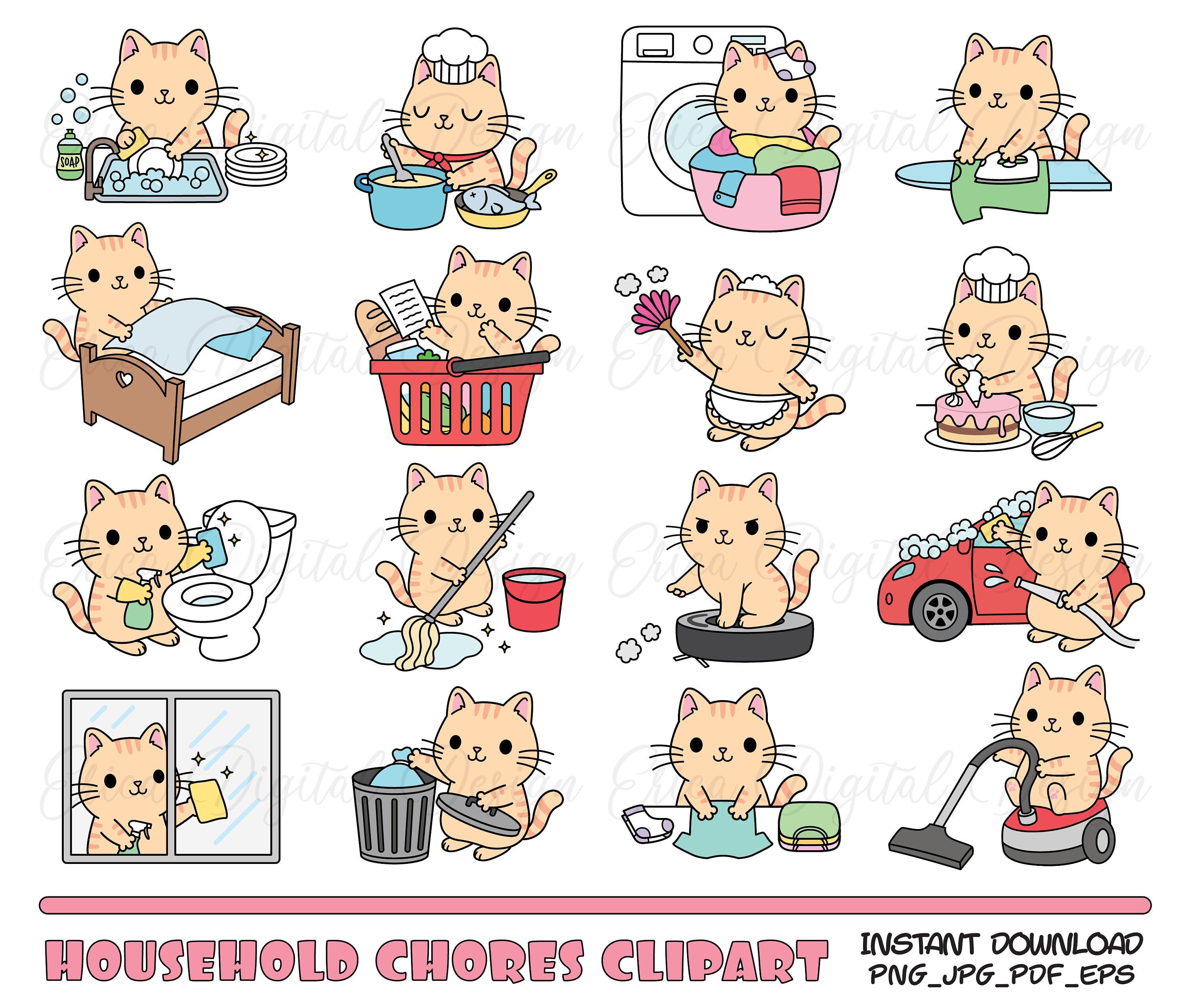 Household Chores Clipart Funny Cats Clipart Kawaii Cute Kitty - Etsy