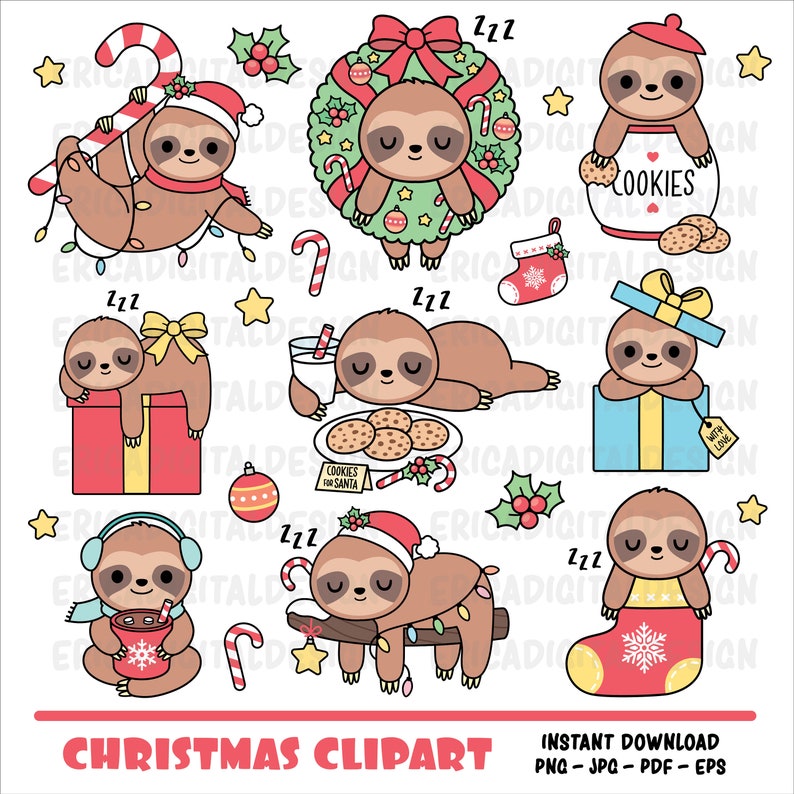 Christmas Kawaii Clipart Cute Sloths Digital Clipart Funny Sloth ...
