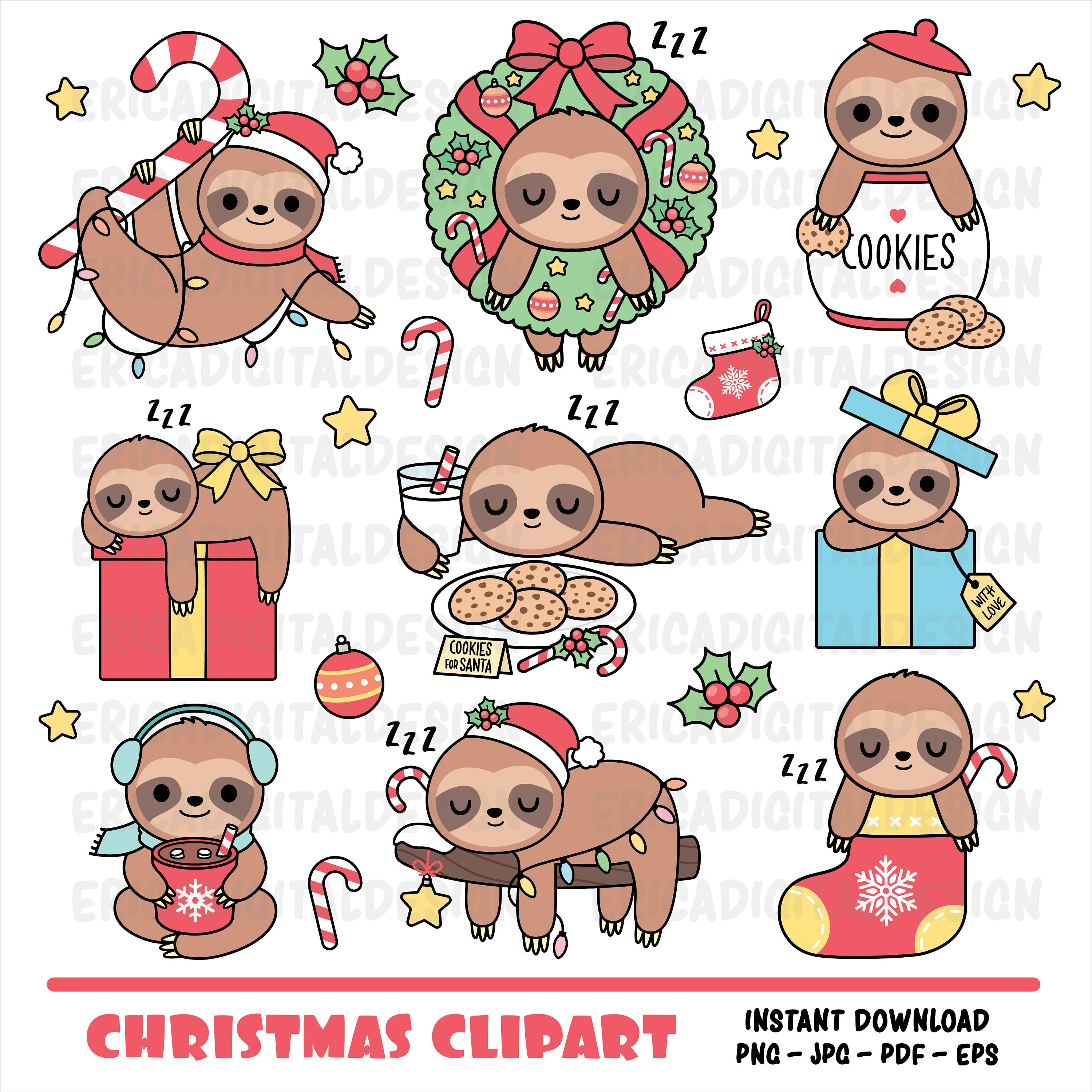 Christmas Kawaii Clipart Cute Sloths Digital Clipart Funny Sloth ...