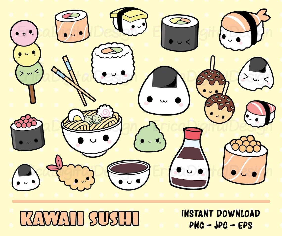 Sushi Kawaii Clipart Bundle Cute Sushi Clip Art Onigiri Nigiri - Etsy