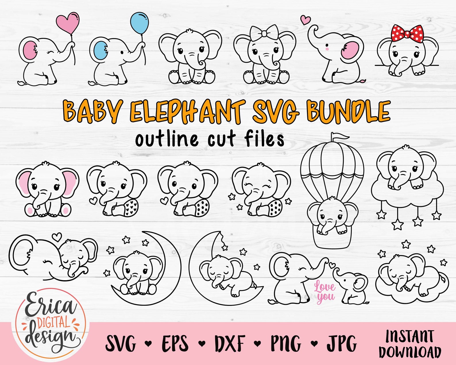 Baby Elephant SVG Bundle Outline Cut Files for Cricut - Etsy