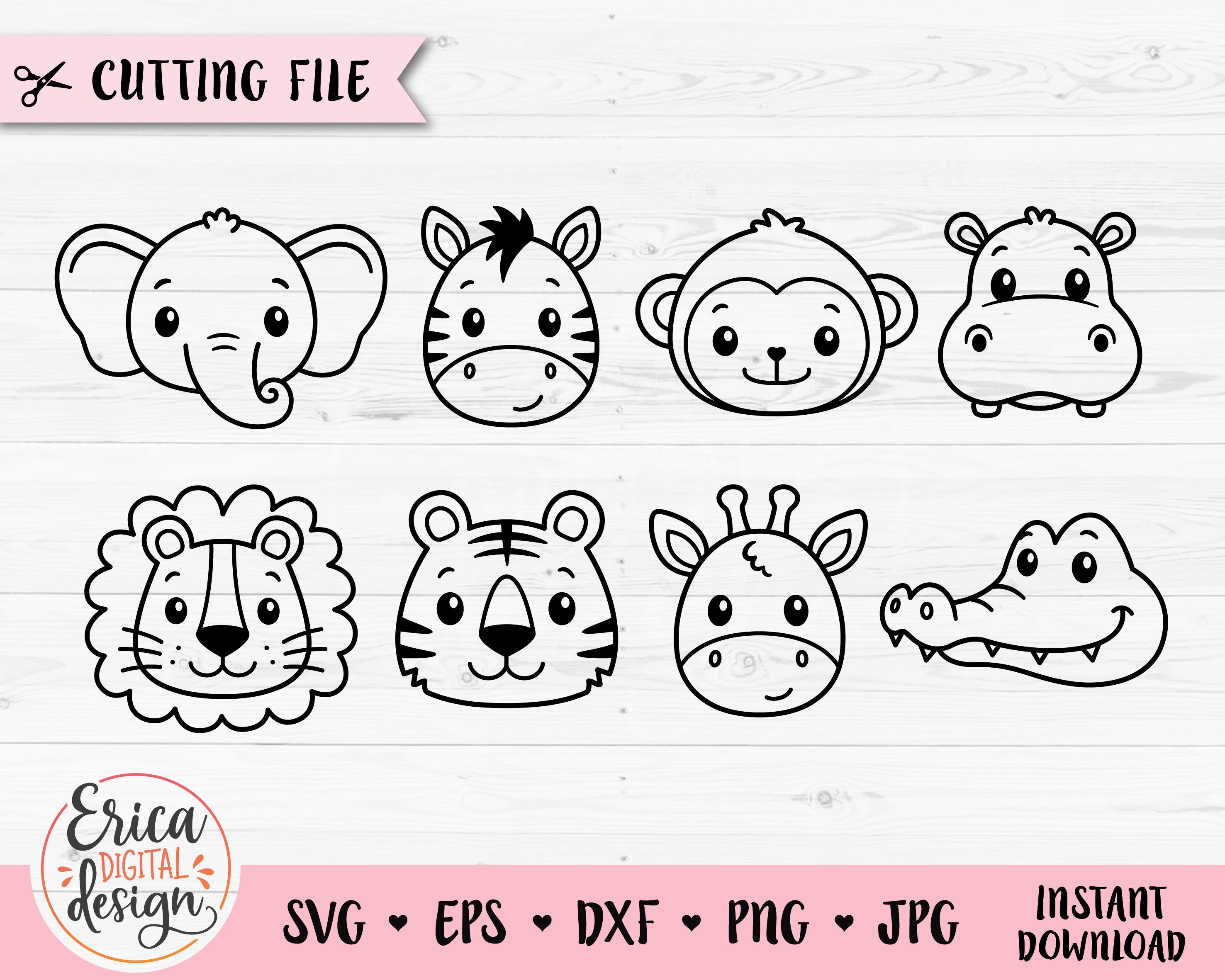 Safari Animal Faces Outline SVG African Jungle Animal Cut File - Etsy UK