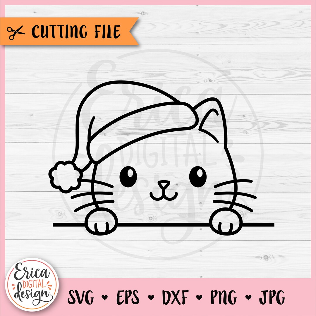 Christmas Cat SVG Cute Cat Outline Cut File Cricut Silhouette Peeking ...