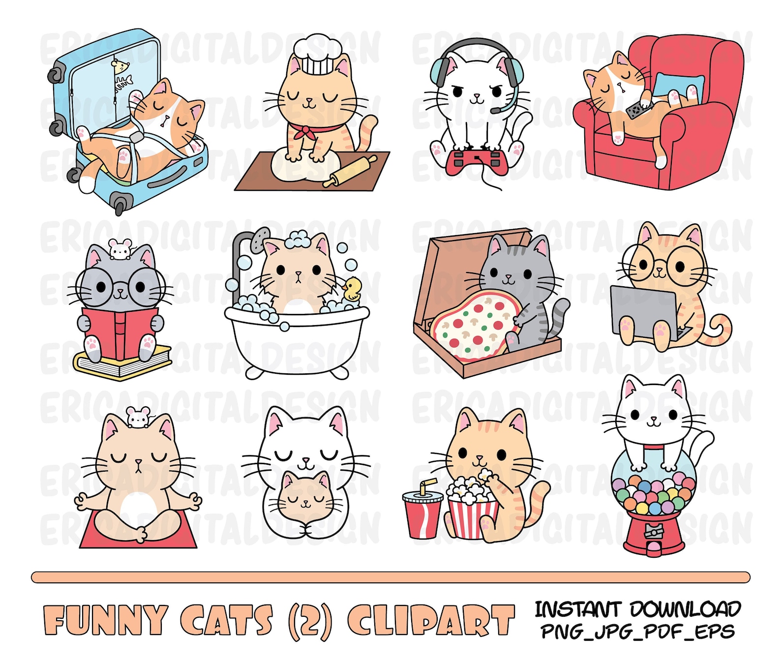 Funny Cats Clipart Cute Cat Clipart Kawaii Kitten Doodle Kitty Icons ...