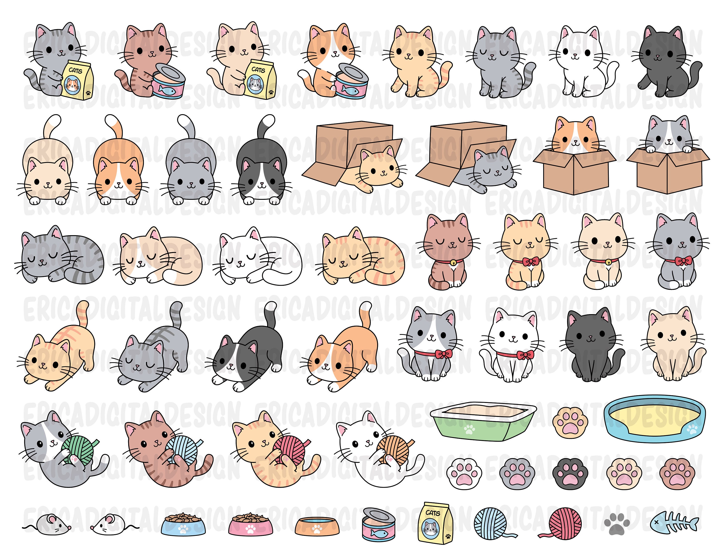Cats Clipart Cute Cat Clip Art Kawaii Kittens Kitty Icons Pet - Etsy